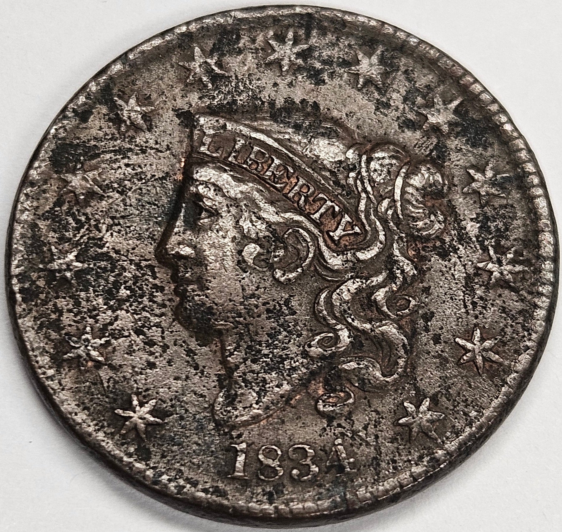 1834 Small 8 Large Stars Coronet Head Large Cent XF pitted – Mount ...