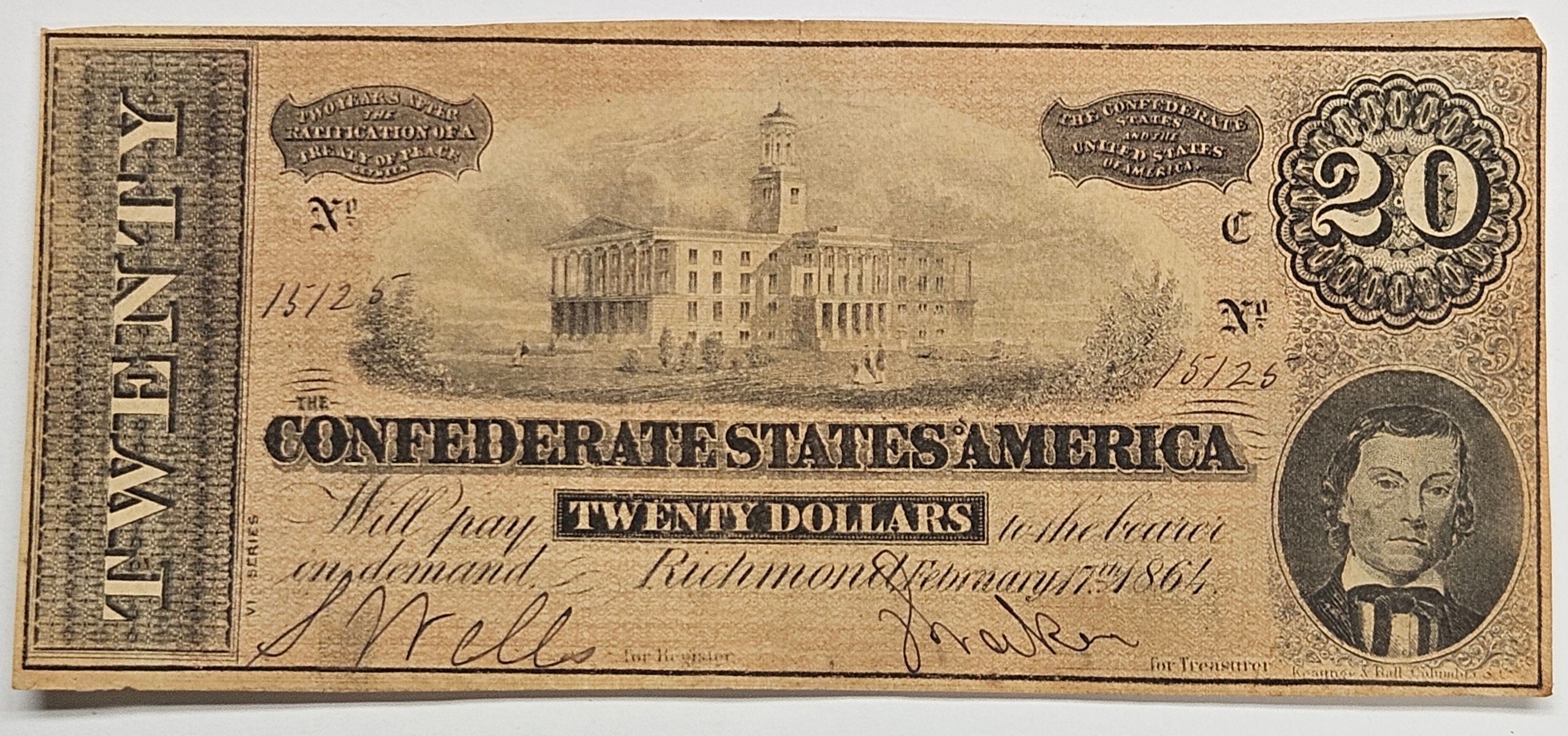 1864 $20.00 Confederate Note T-67 Extremely Fine – Mount Vernon Coin