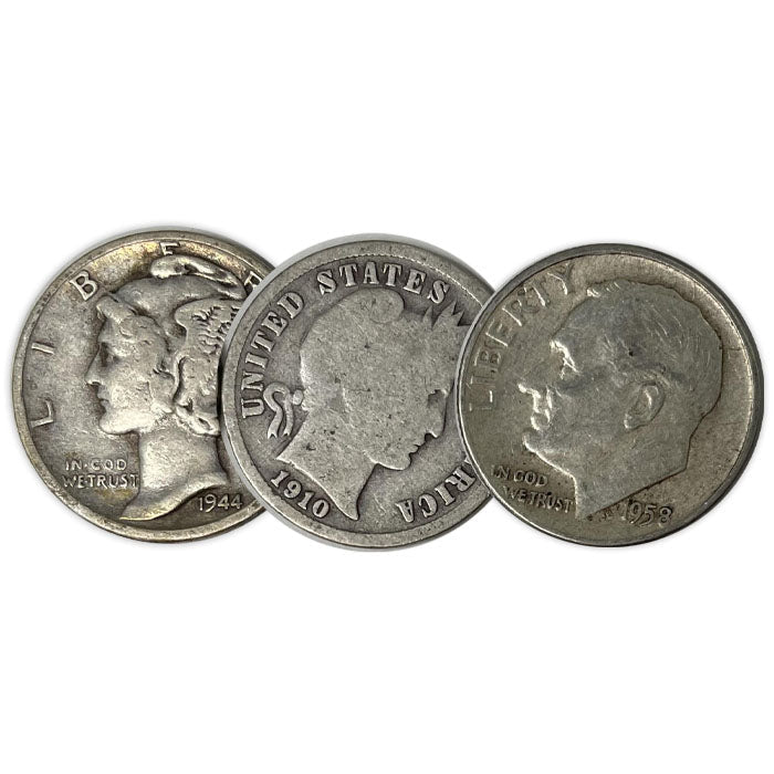 3 Different Types of 90% Dimes: Barber, Mercury and Roosevelt Average ...